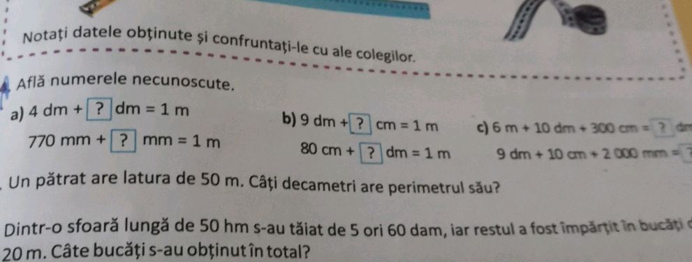 Află numerele necunoscute. a) 4 dm + ? dm = | StudyX