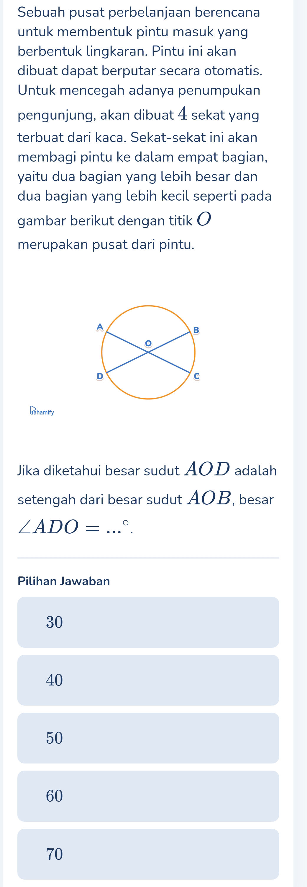 Jika diketahui besar sudut $AOD$ adalah | StudyX