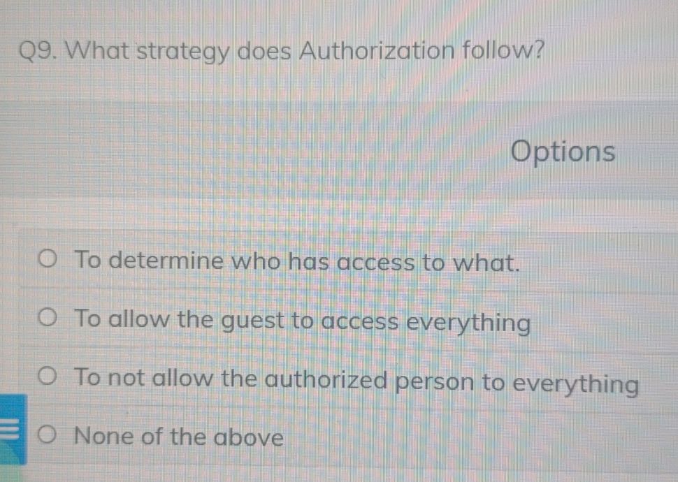 Q9. What strategy does Authorization follow? | StudyX