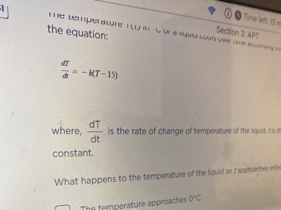 The equation: $ {dT}{dt} = -k(T-15)$ | StudyX