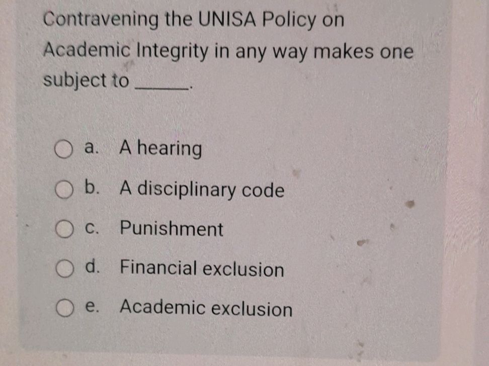 Contravening the UNISA Policy on Academic | StudyX