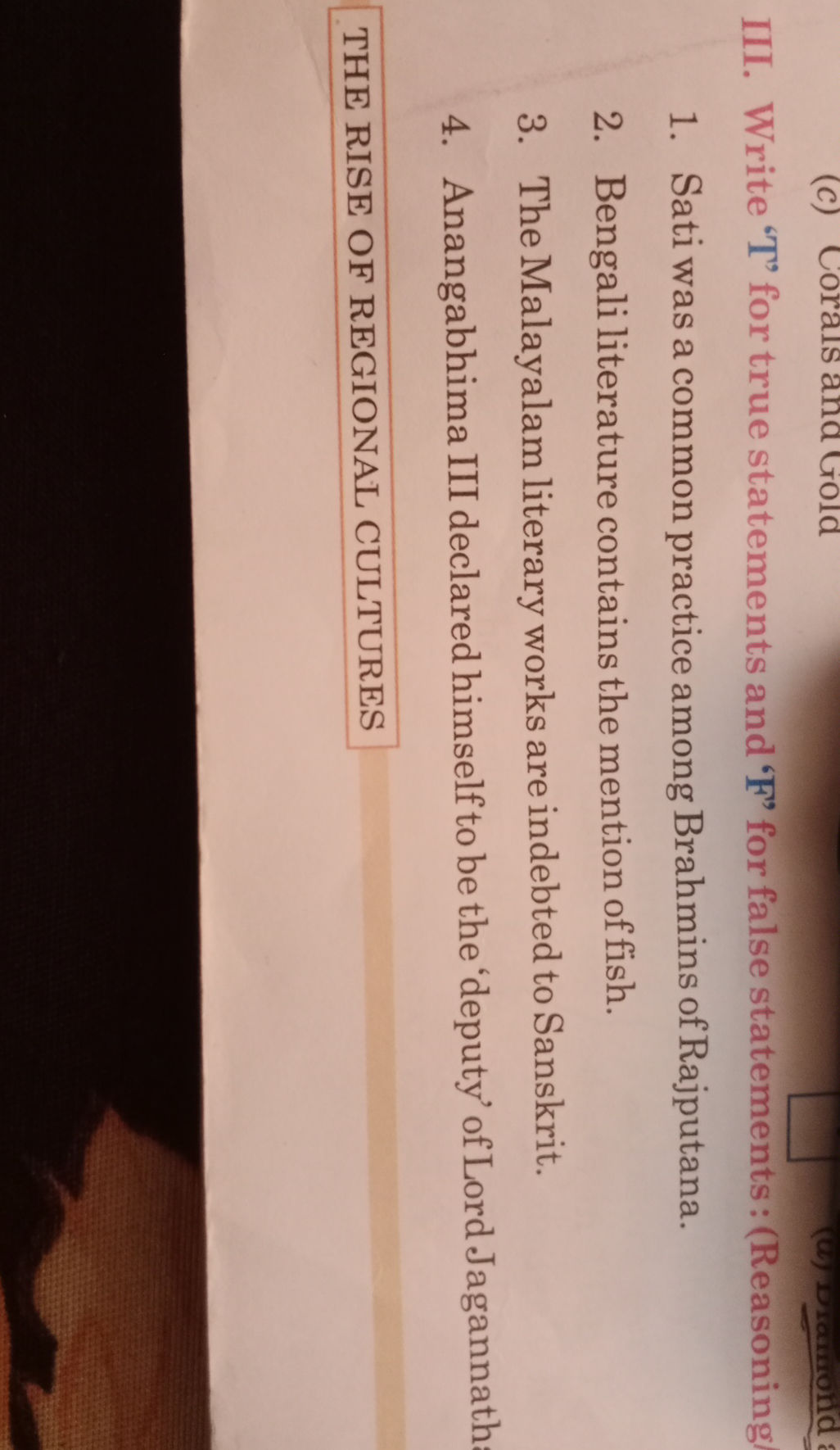 III. Write 'T' for true statements and 'F' | StudyX