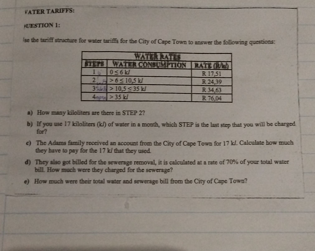 VATER TARIFFS: QUESTION 1: Ise the tariff | StudyX