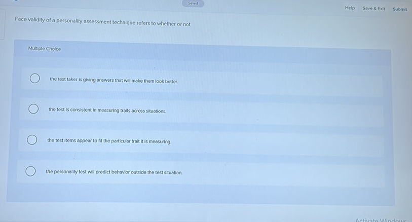 Face validity of a personality assessment | StudyX