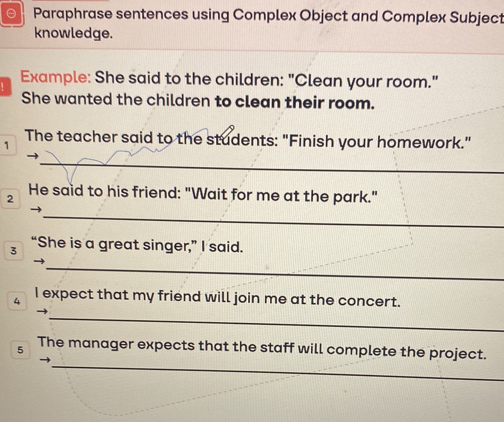 Paraphrase sentences using Complex Object | StudyX