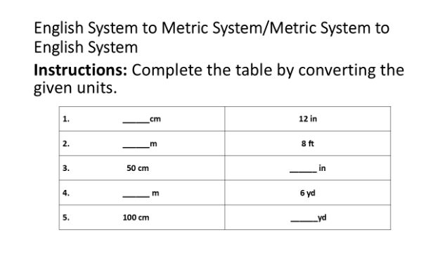 English System to Metric System/Metric | StudyX