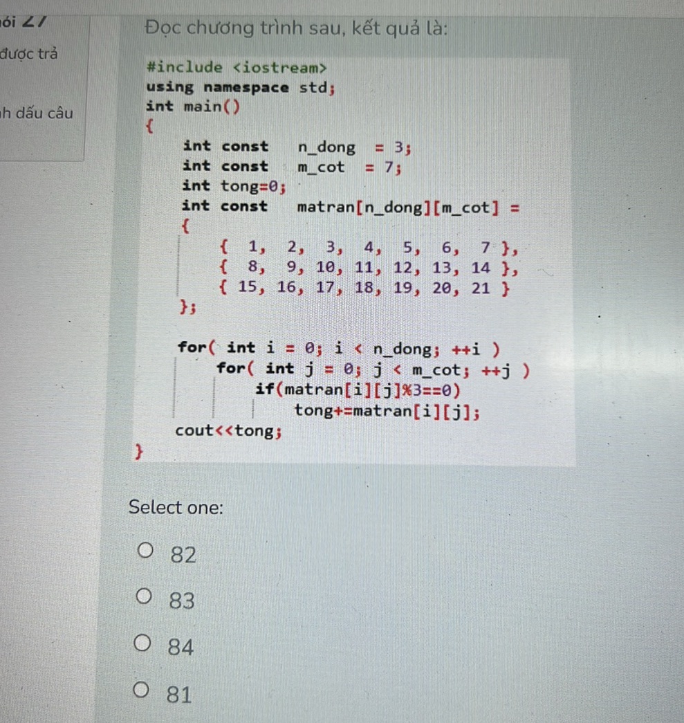 Đọc chương trình sau, kết quả là: ```cpp | StudyX