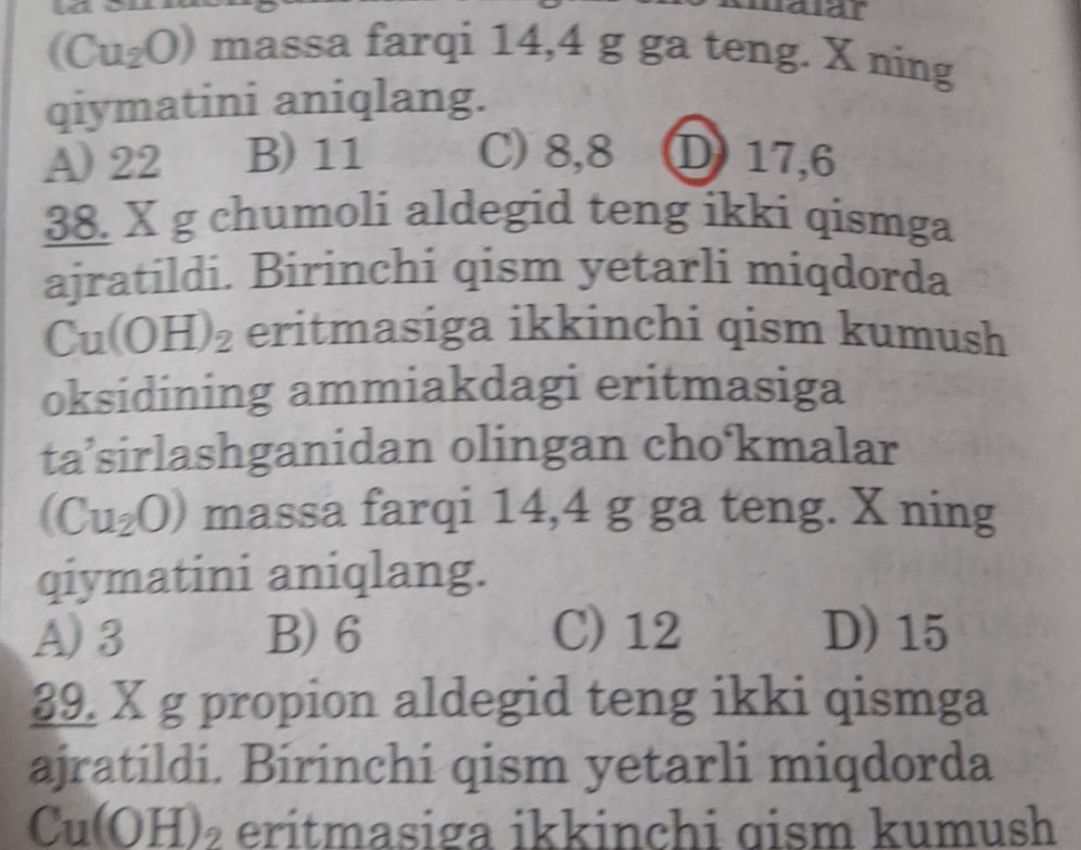 Cu}_{2} {O}$ ) massa farqi $14,4 | StudyX