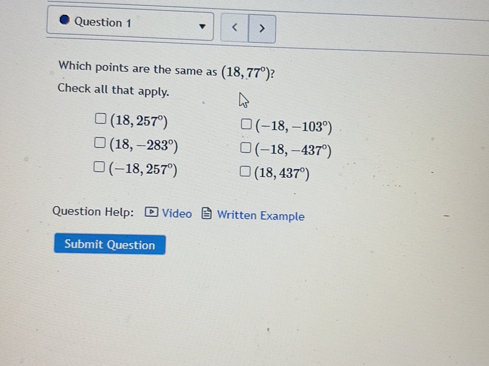 Which points are the same as (18, 77°)? | StudyX