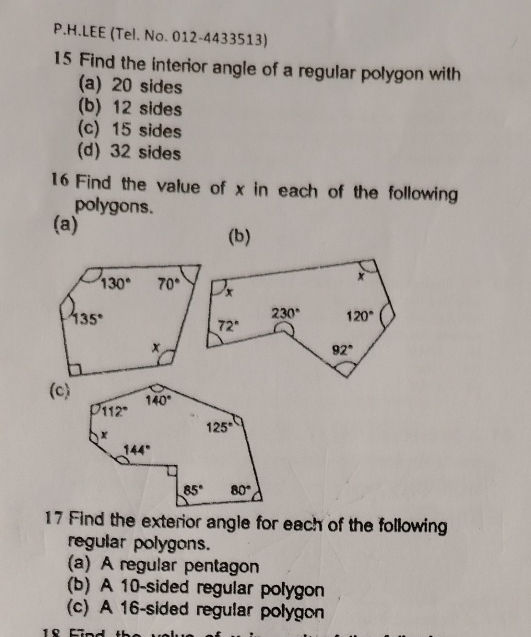 15 Find the interior angle of a regular | StudyX