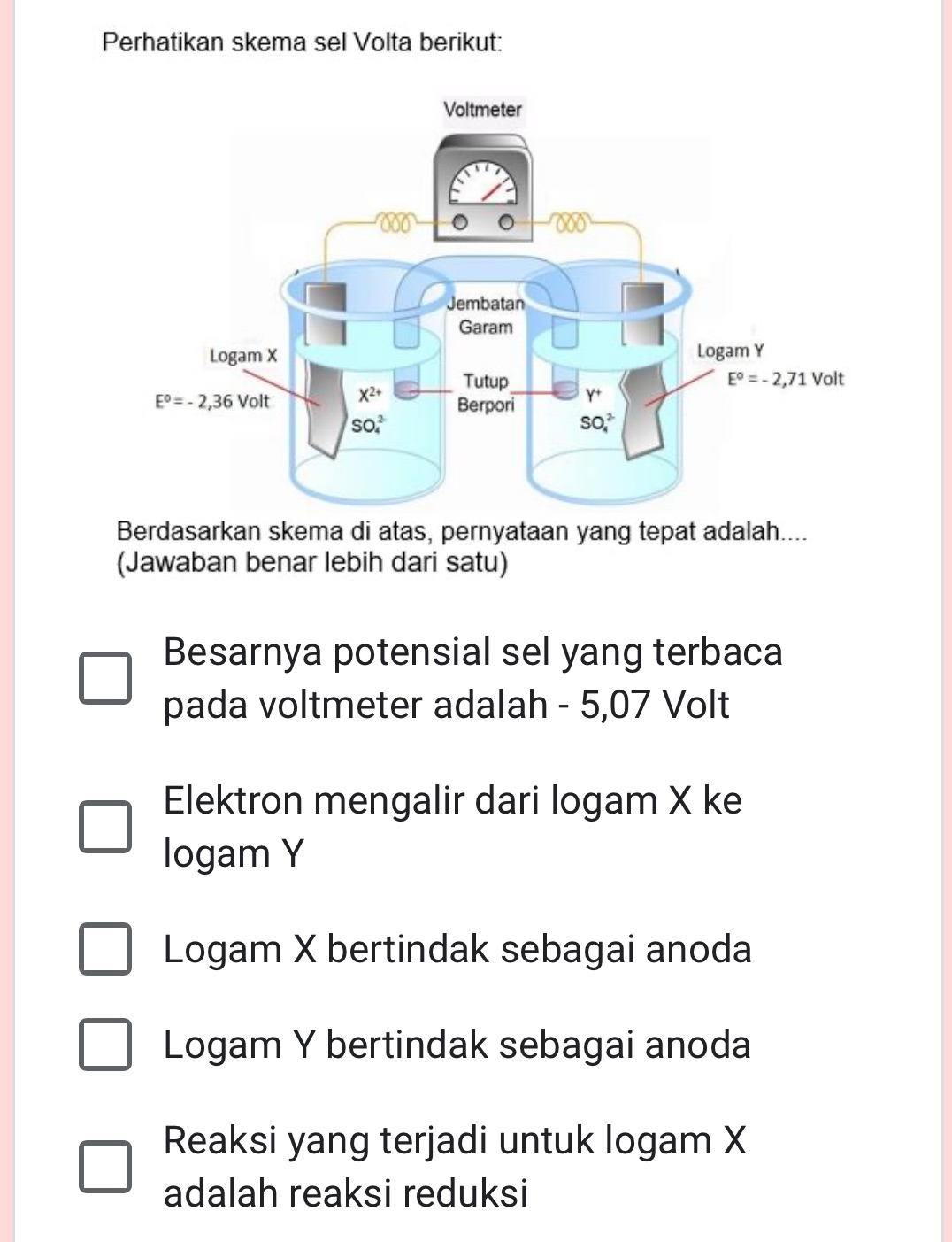 Perhatikan skema sel Volta berikut: ``` | StudyX