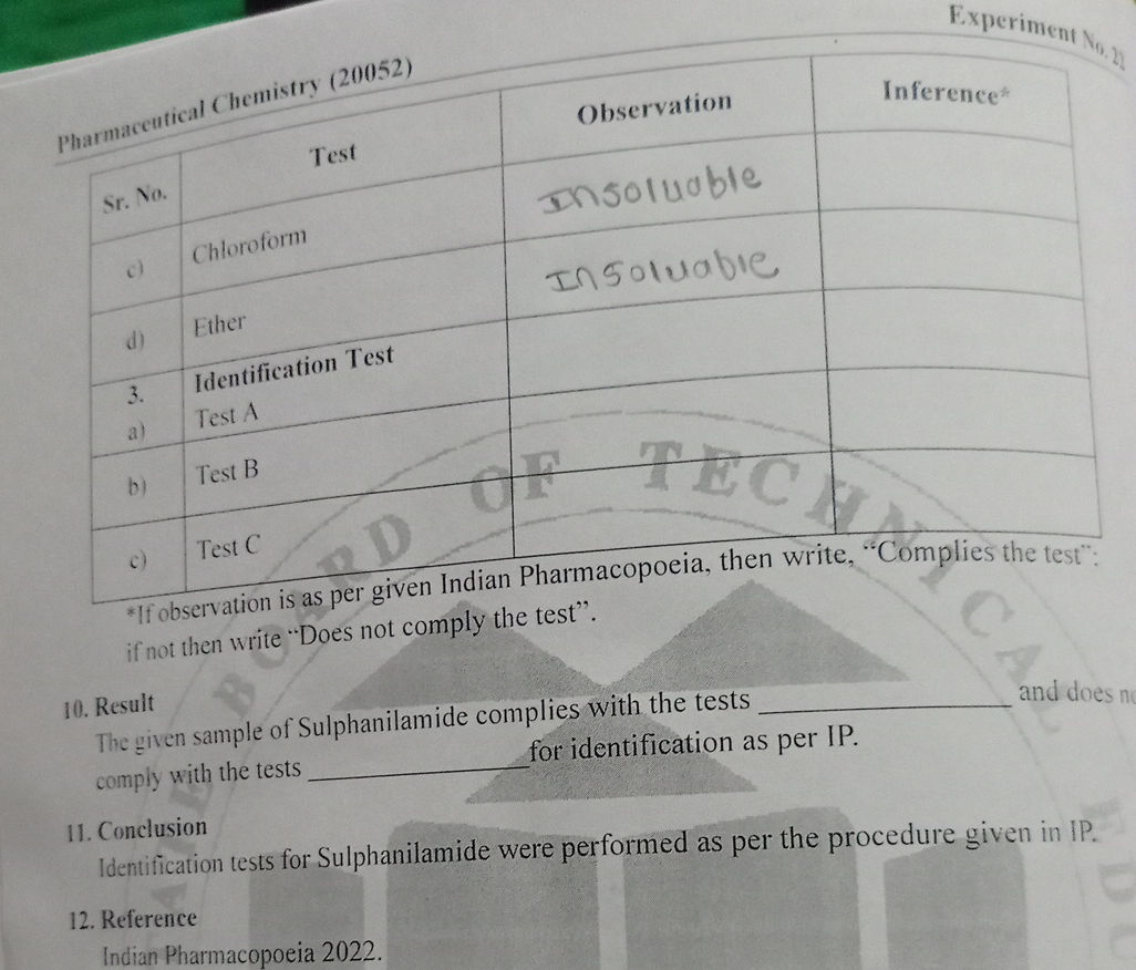 ```markdown | Sr. No. | Test | Observation | | StudyX