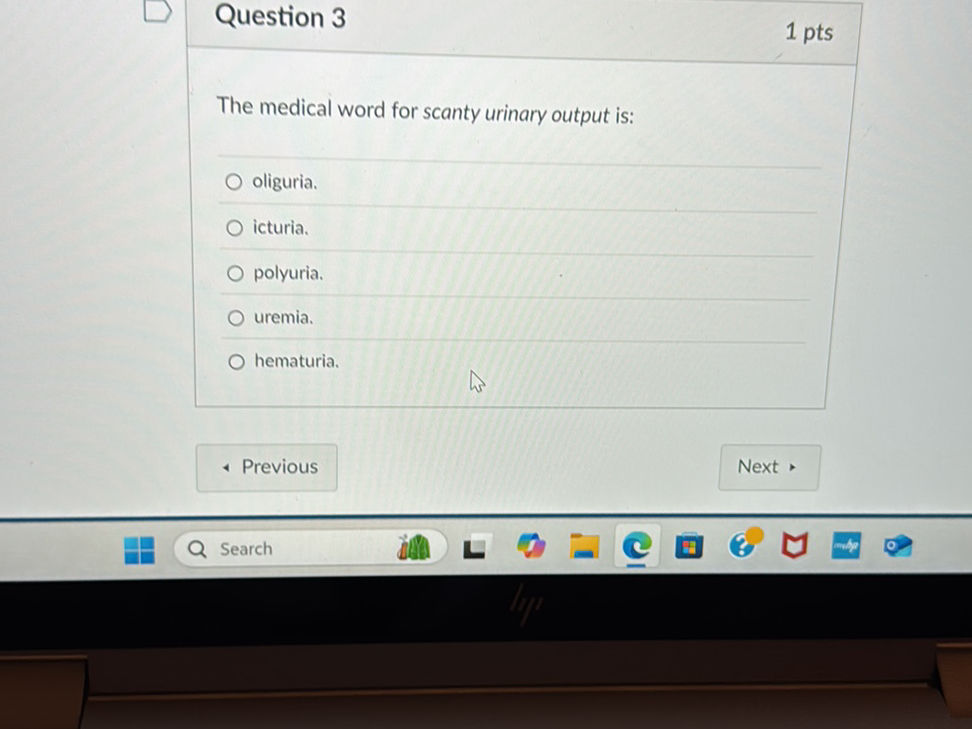 The medical word for scanty urinary output | StudyX