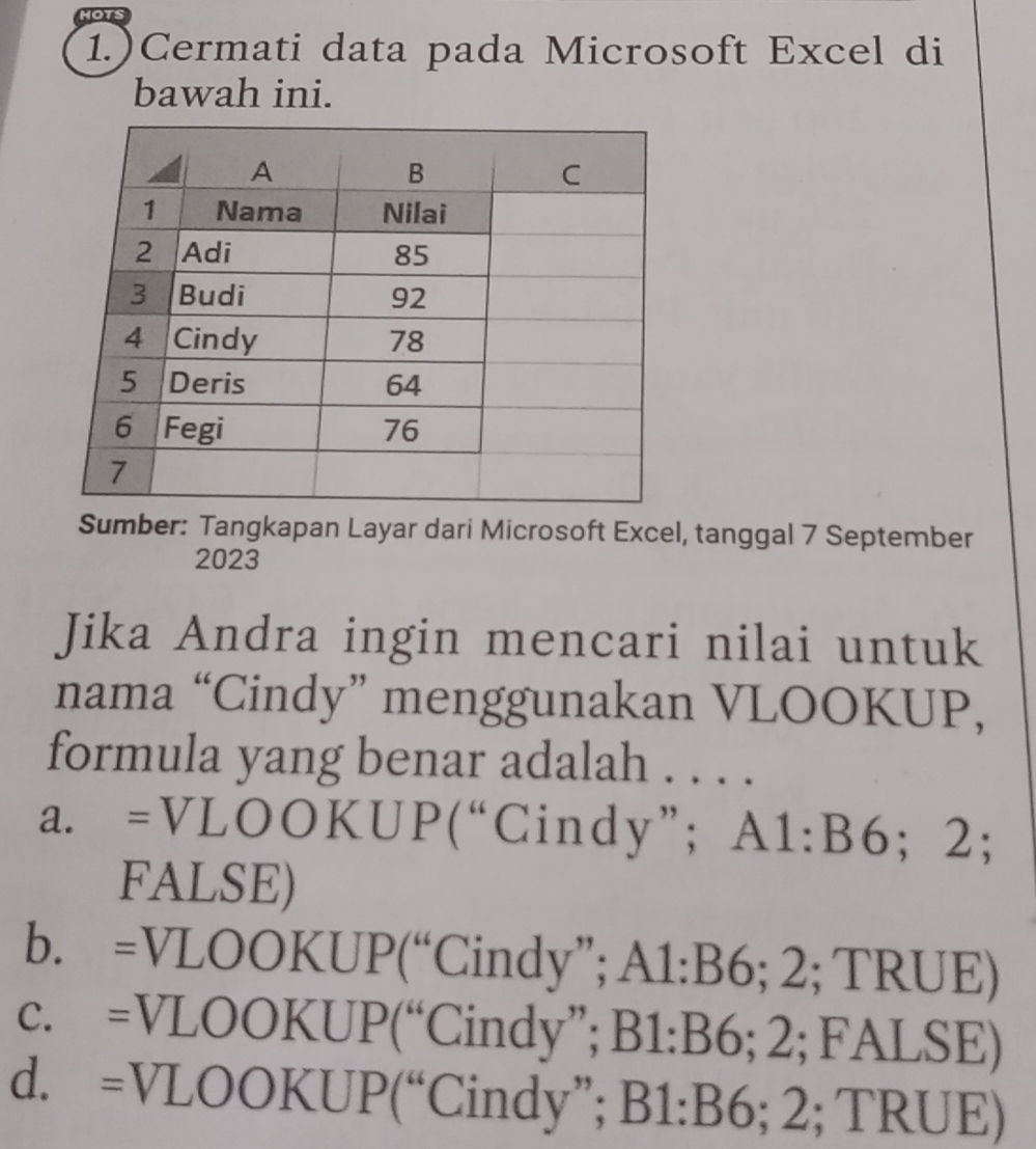 Cermati data pada Microsoft Excel di bawah | StudyX