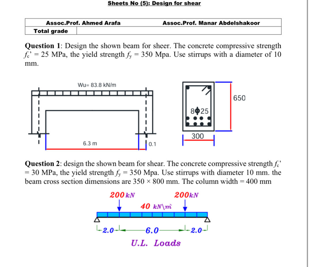 Question 1: Design the shown beam for sheer. | StudyX