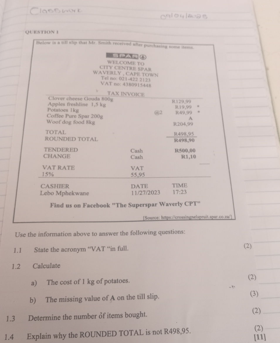 Below is a till slip that Mr. Smith received | StudyX