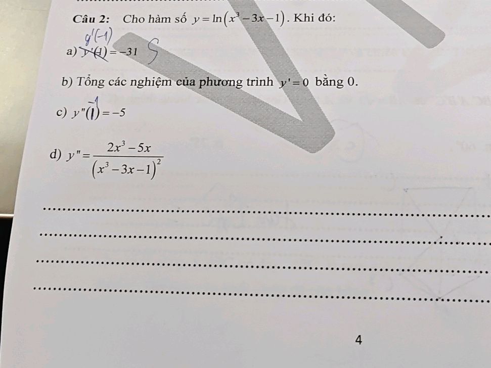 Câu 2: Cho hàm số $y = ln(x^3 - 3x - 1)$. | StudyX