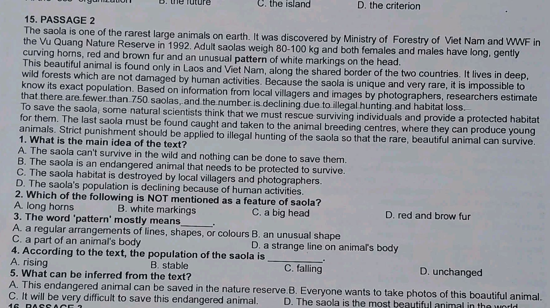 15. PASSAGE 2 The saola is one of the | StudyX