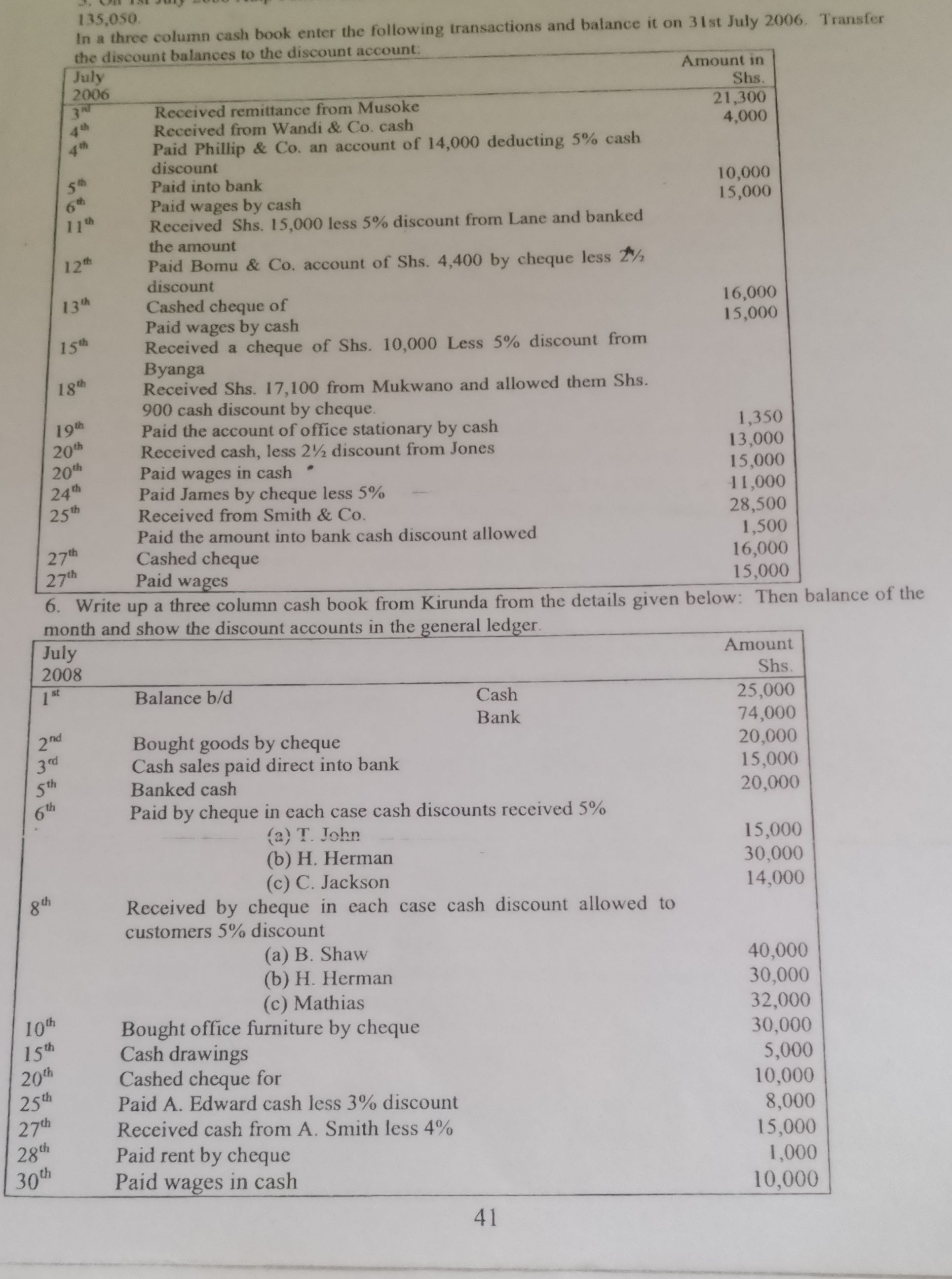 6. Write up a three column cash book from | StudyX
