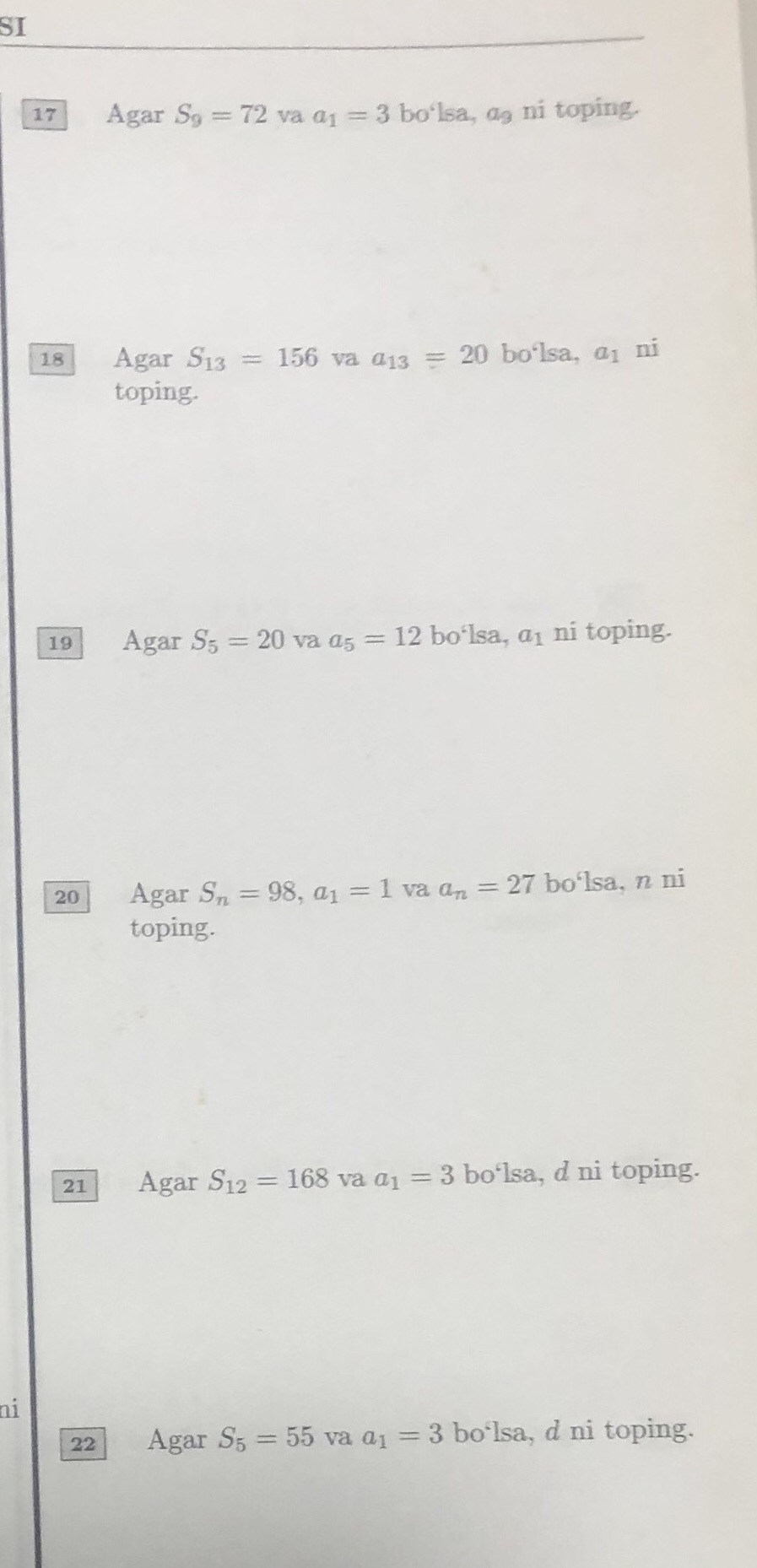 17 Agar $S_9 = 72$ va $a_1 = 3$ bo'lsa, | StudyX