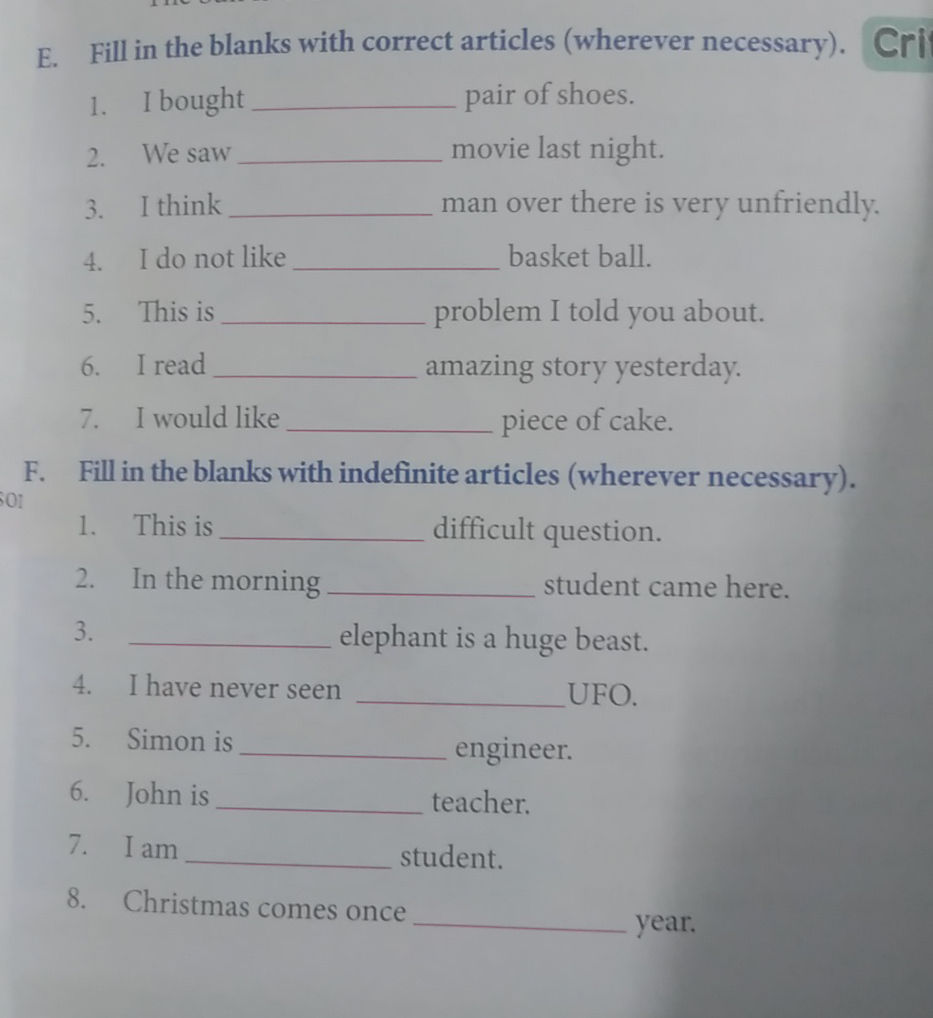 E. Fill in the blanks with correct articles | StudyX