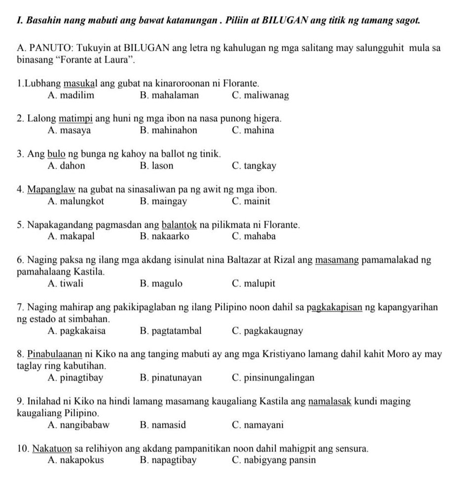 I. Basahin nang mabuti ang bawat katanungan. | StudyX
