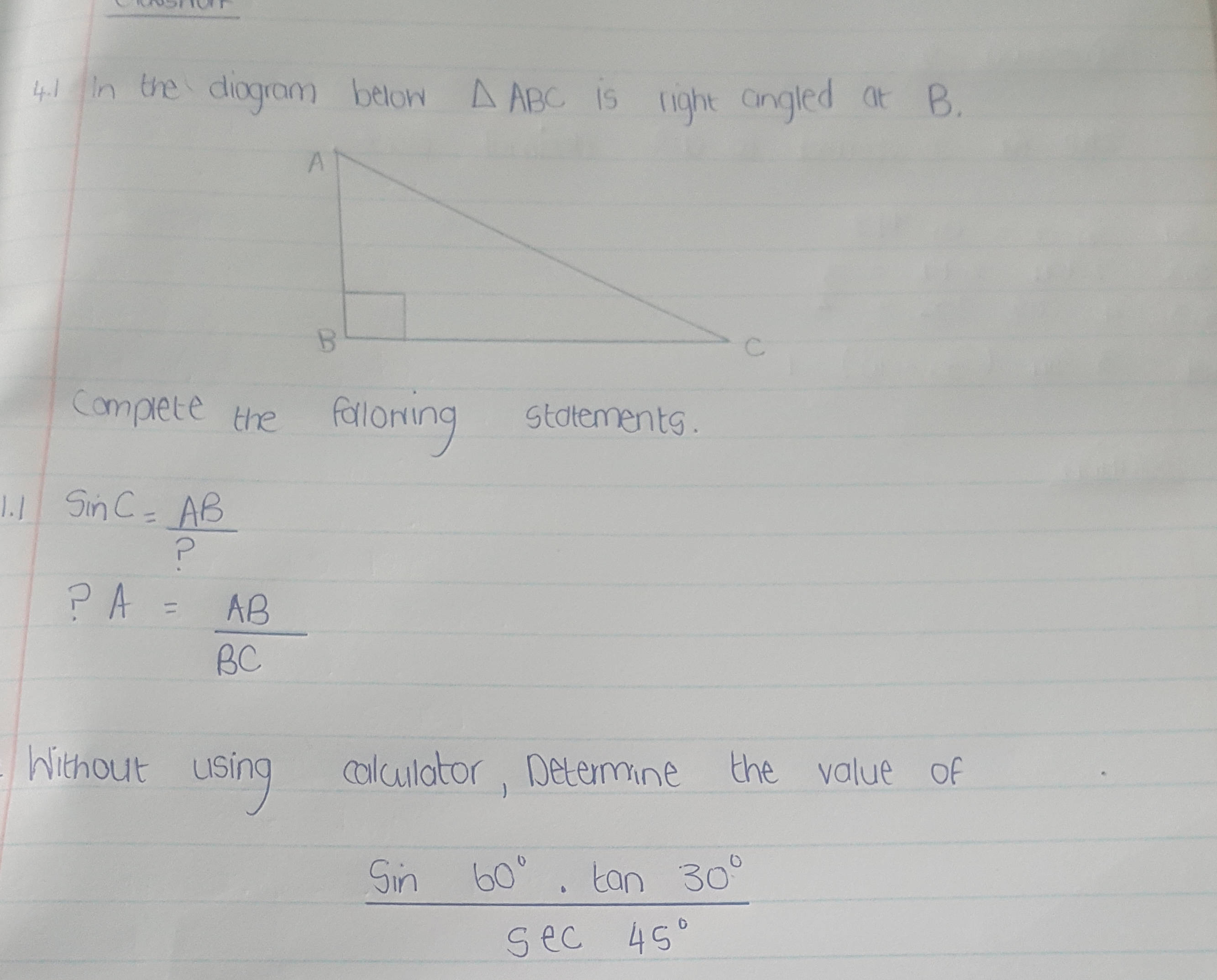 4.1 In the diagram below $ ABC$ is right | StudyX