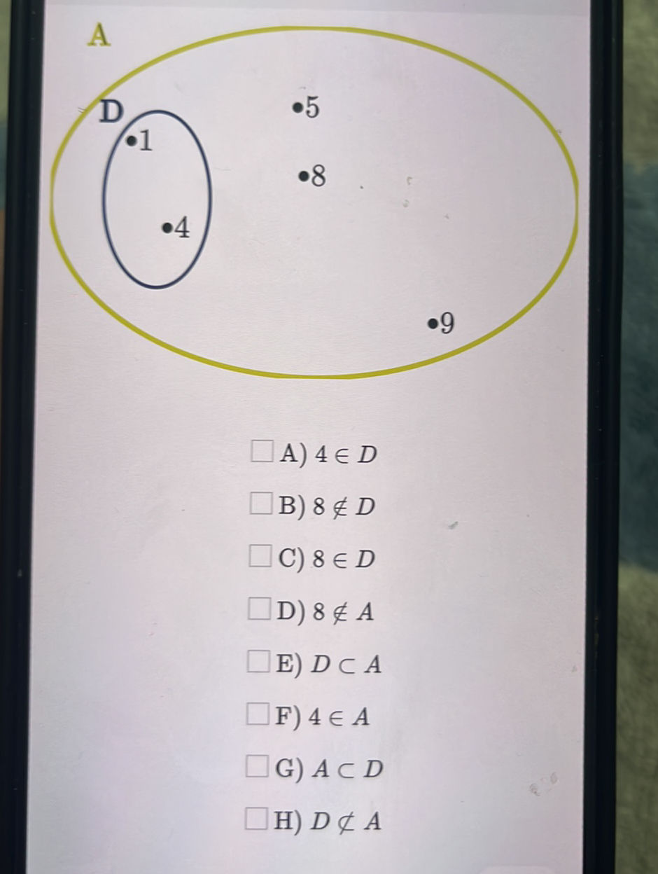 Given the Venn diagram with sets A and D, | StudyX
