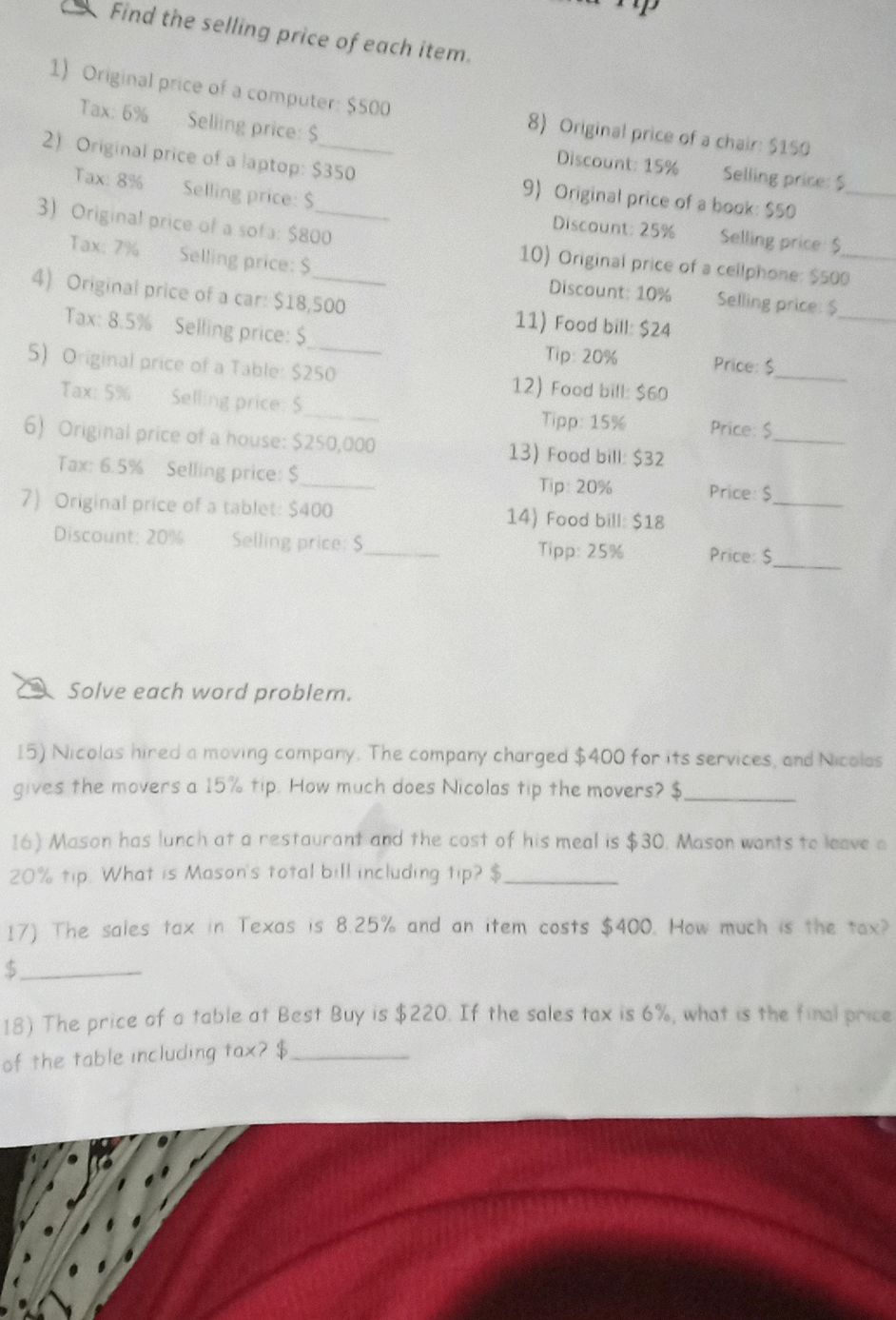 Find the selling price of each item. 1) | StudyX