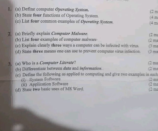 1. (a) Define computer Operating System. (b) | StudyX