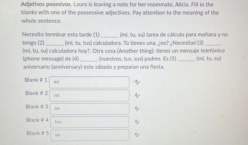 Adjetivos posesivos. Laura is leaving a note | StudyX