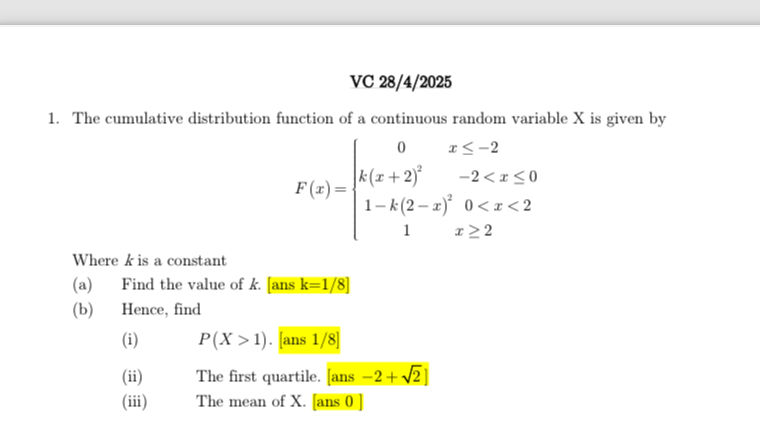 1. The cumulative distribution function of a | StudyX