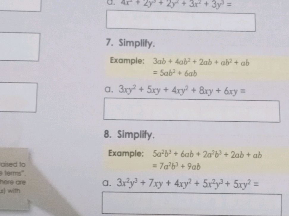 7. Simplify. Example: $3ab + 4ab^2 + 2ab + | StudyX