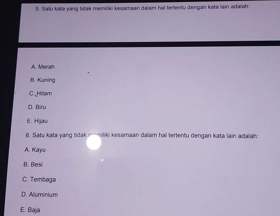 5. Satu kata yang tidak memiliki kesamaan | StudyX