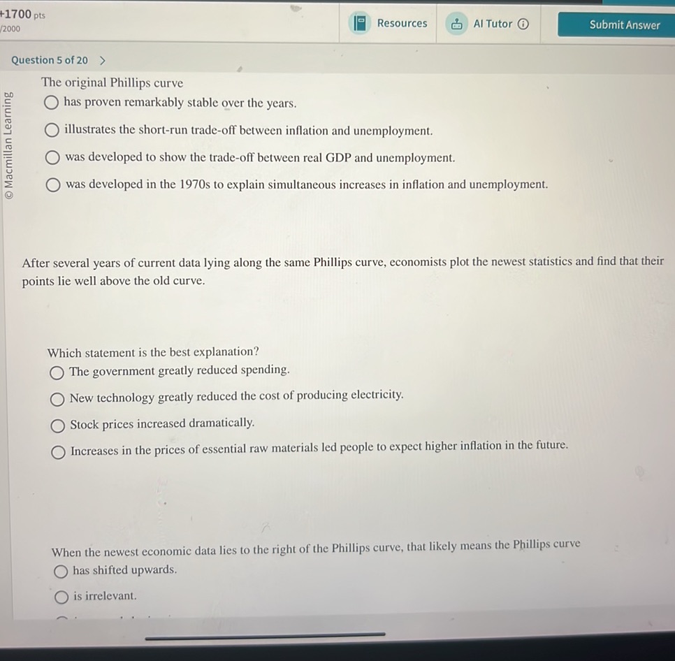 The original Phillips curve has proven | StudyX