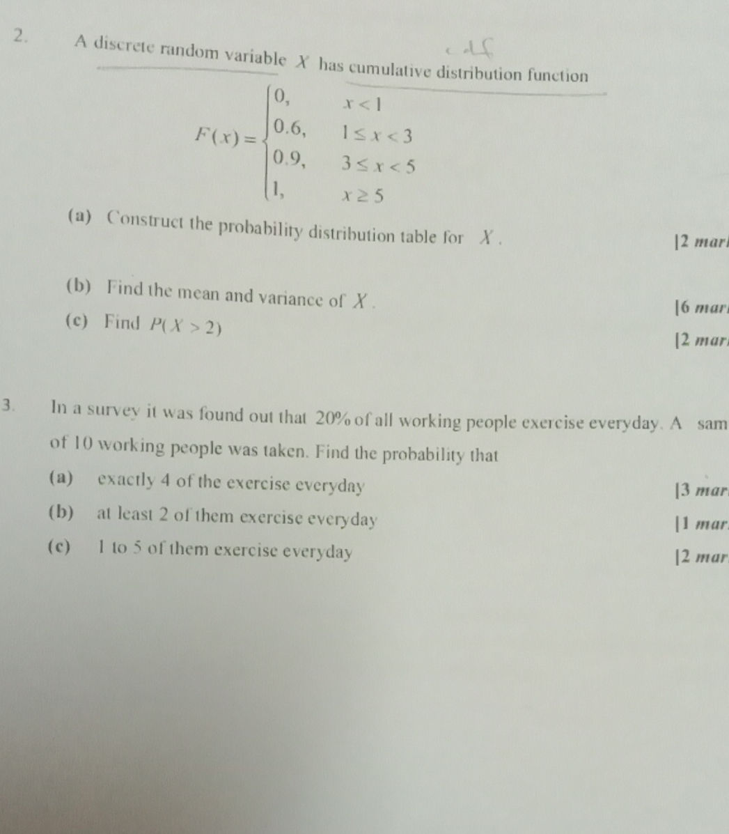2. A discrete random variable $X$ has | StudyX