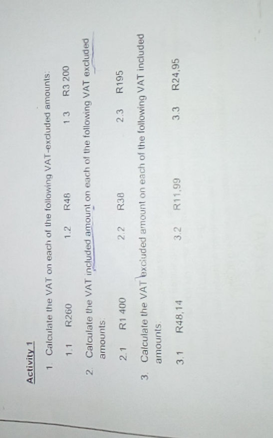 Activity 1 1. Calculate the VAT on each of | StudyX