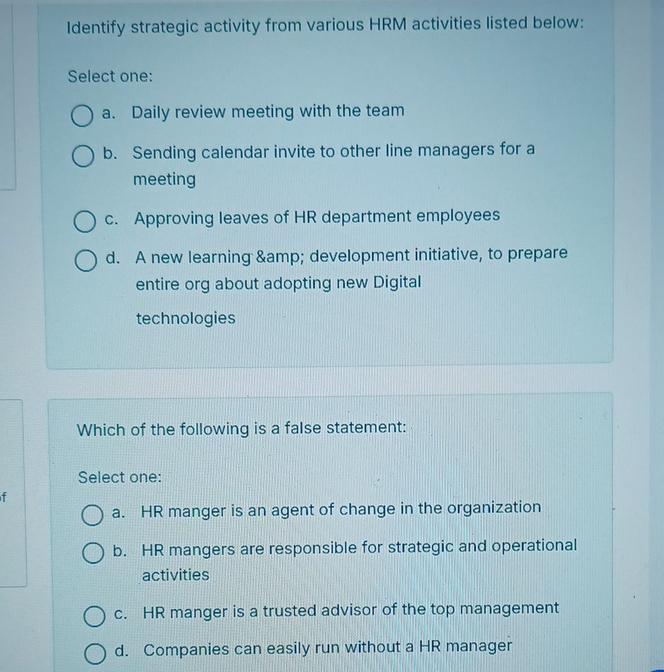 Identify strategic activity from various HRM | StudyX