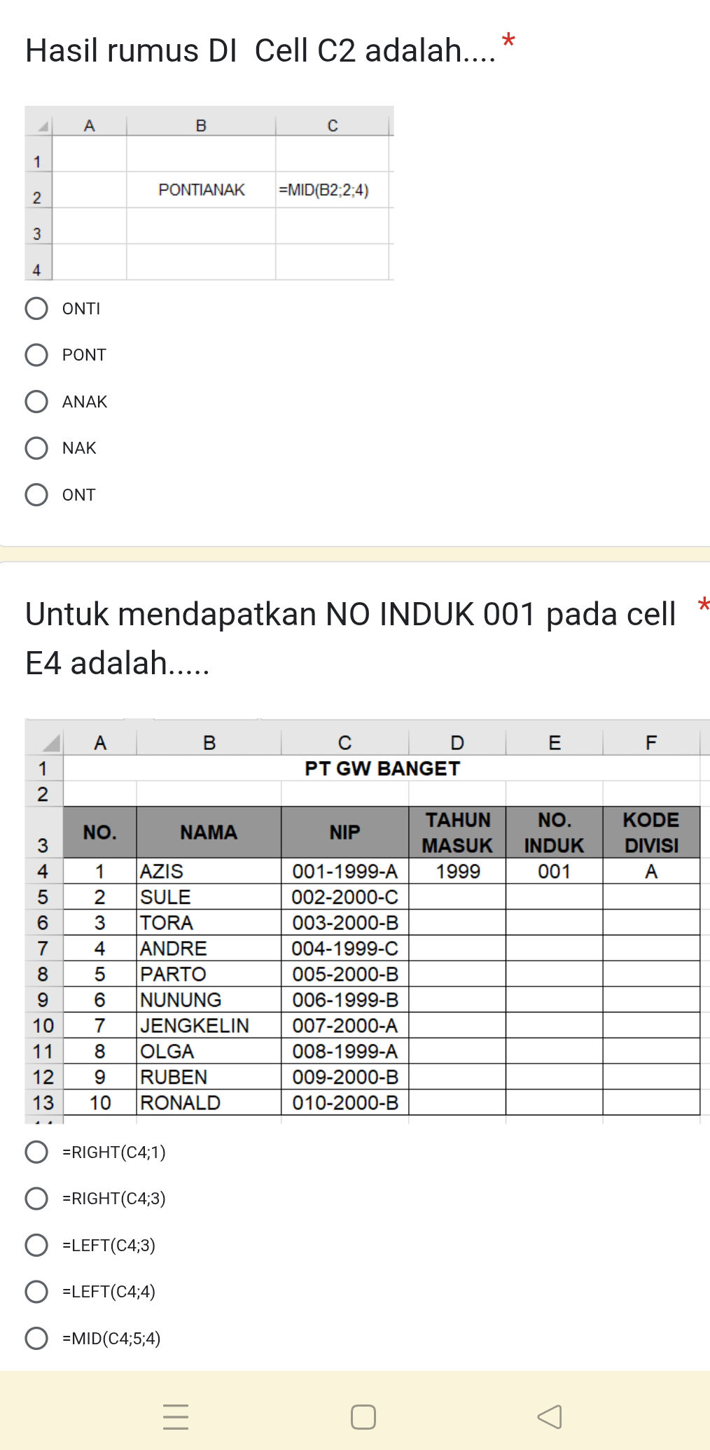 Hasil rumus DI Cell C2 adalah.... | | A | StudyX