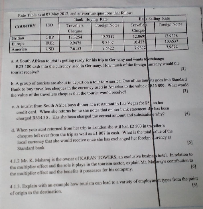 Rate Table as at 07 May 2012, and answer the