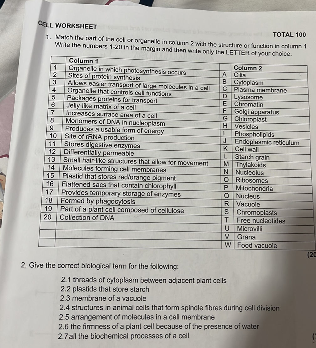 1. Match the part of the cell or organelle | StudyX