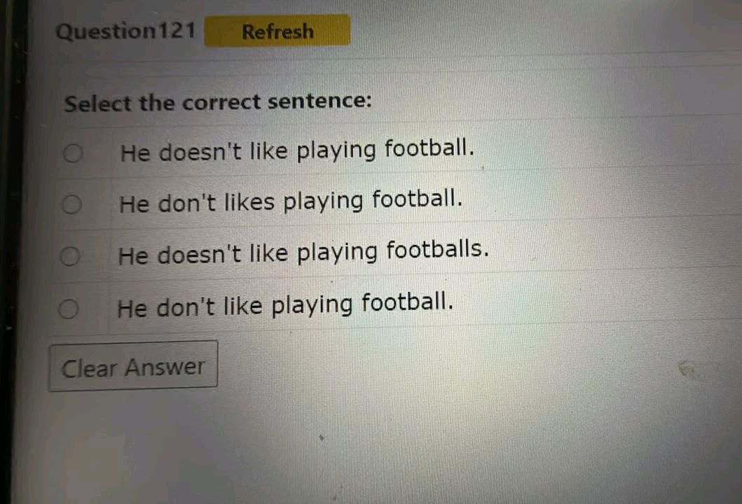 Select the correct sentence: He doesn't | StudyX