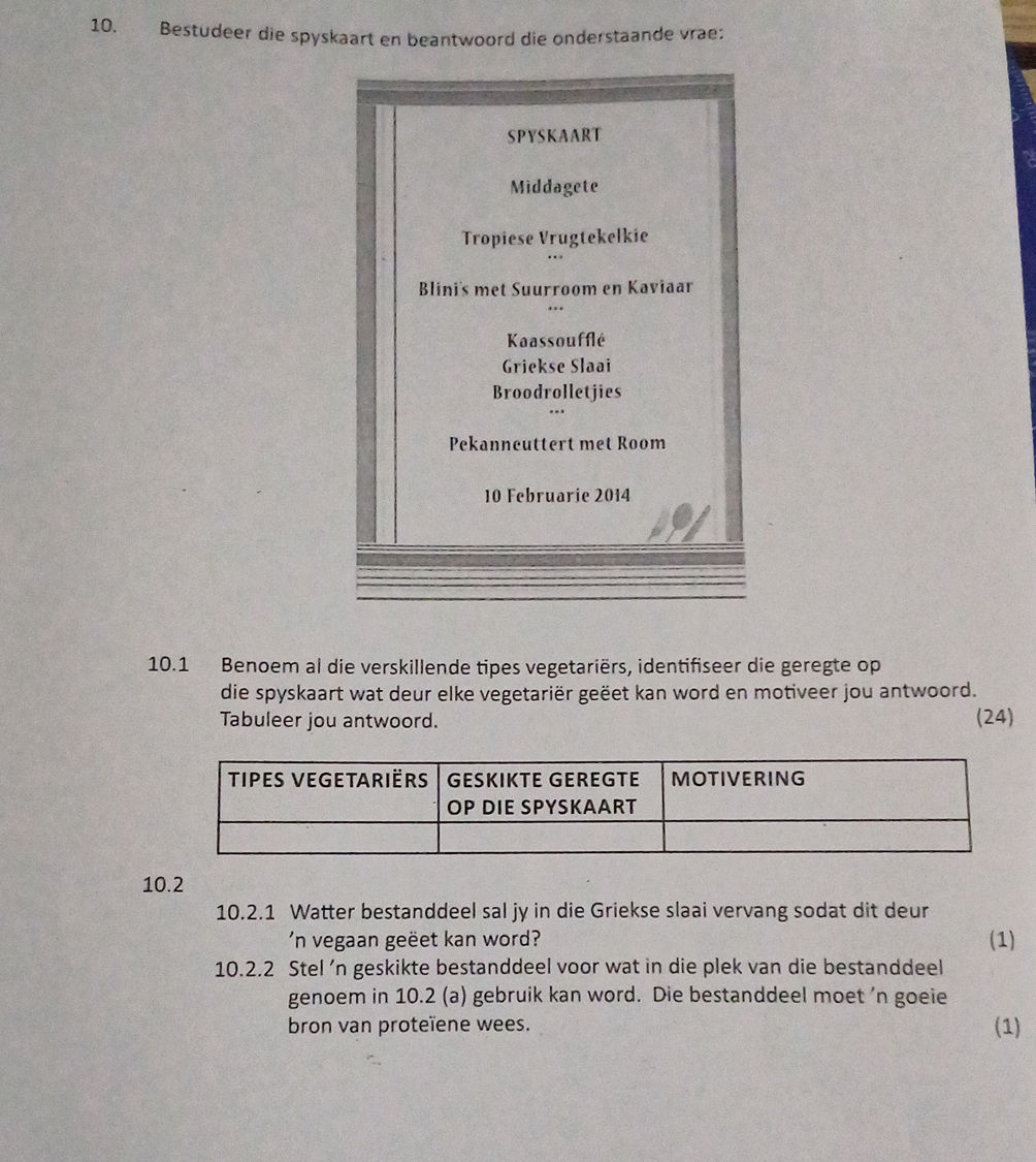 10. Bestudeer die spyskaart en beantwoord | StudyX