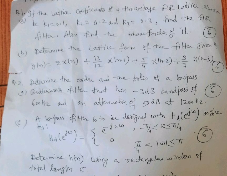 Q1. If the lattice coefficients of a | StudyX