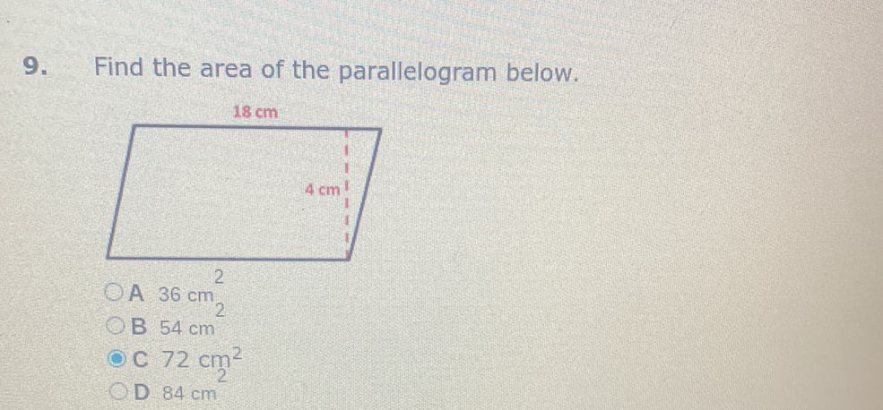 Find the area of the parallelogram below. 18
