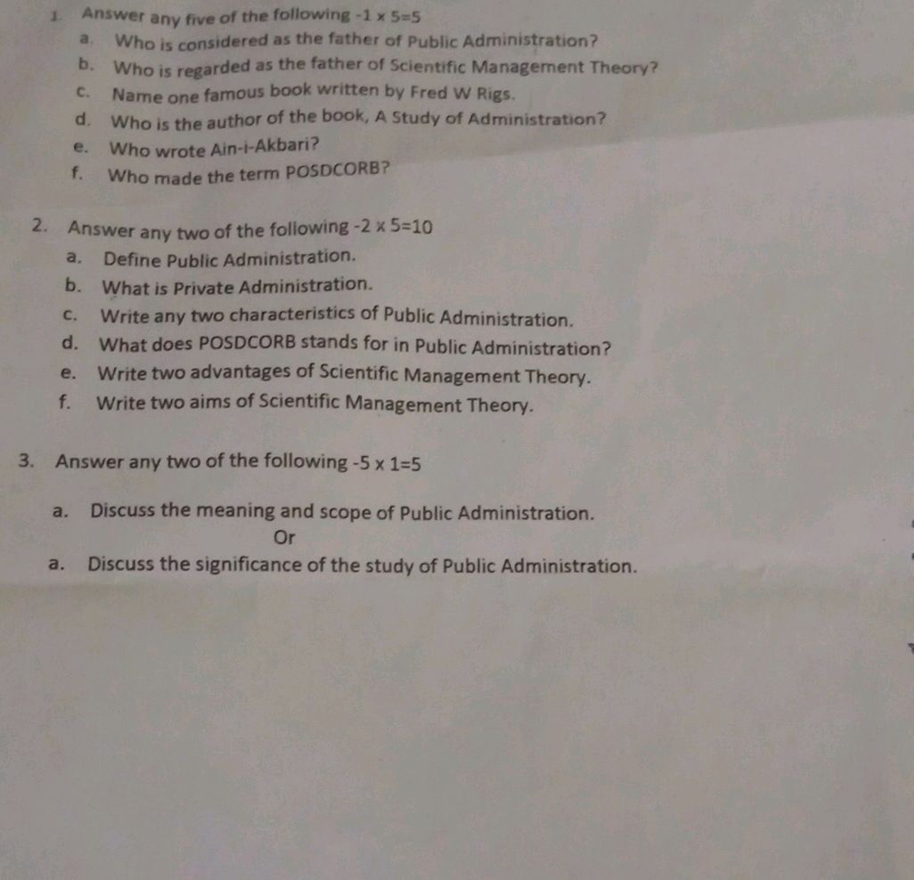1. Answer any five of the following -1 x 5=5 | StudyX