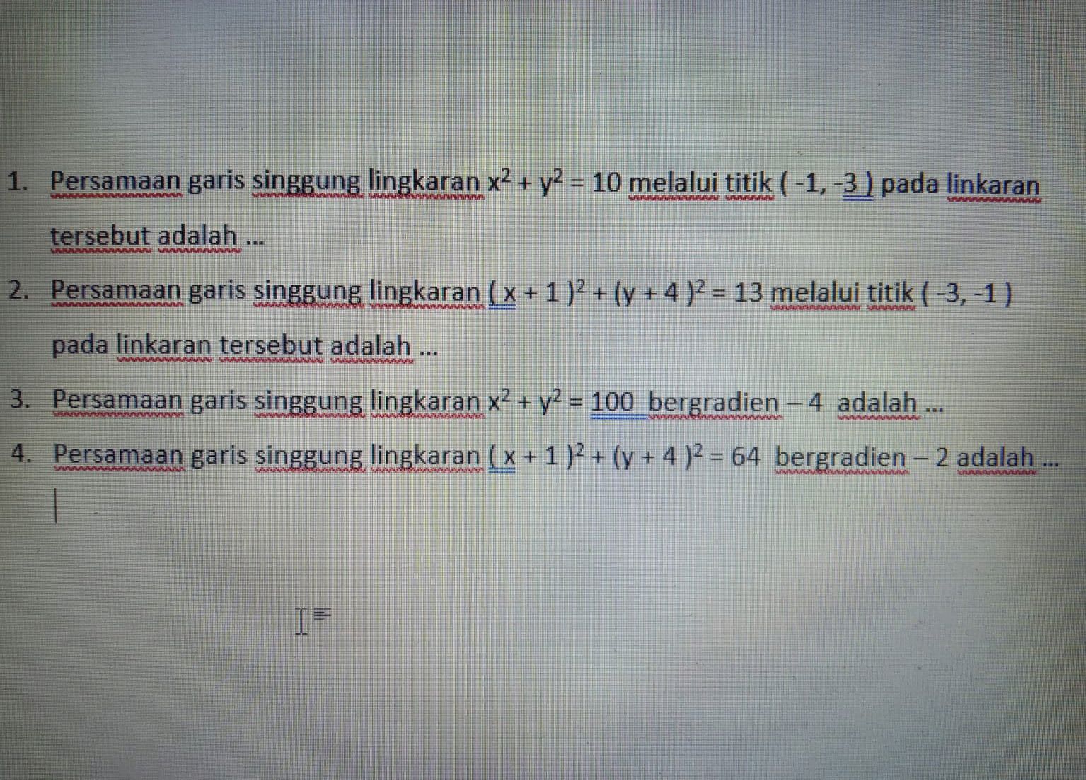 1. Persamaan garis singgung lingkaran $x^2 + | StudyX