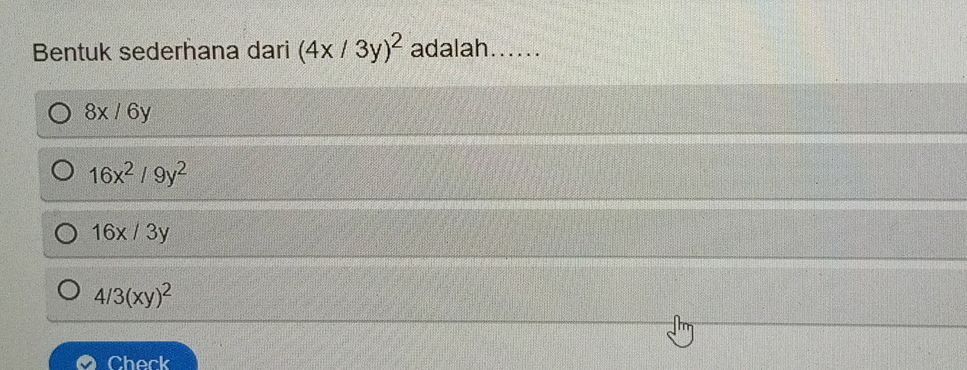 Bentuk sederhana dari $(4x / 3y)^2$ | StudyX