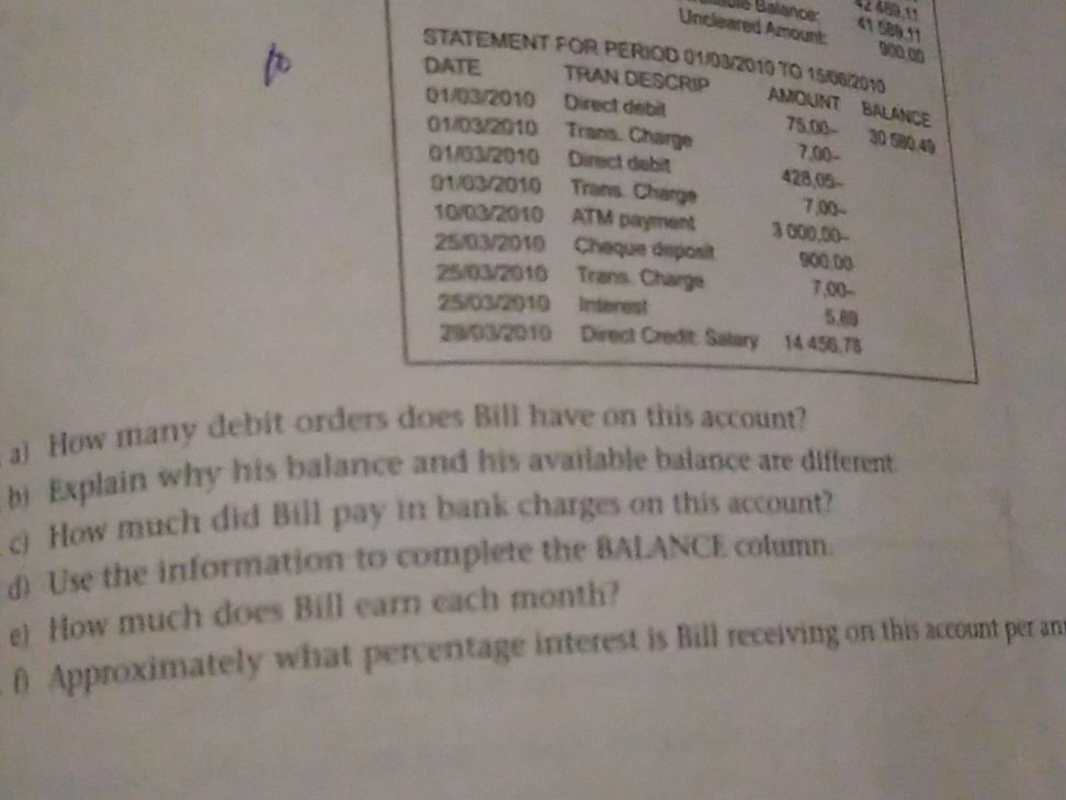 a) How many debit orders does Bill have on | StudyX