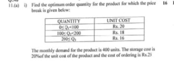 Find the optimum order quantity for the | StudyX